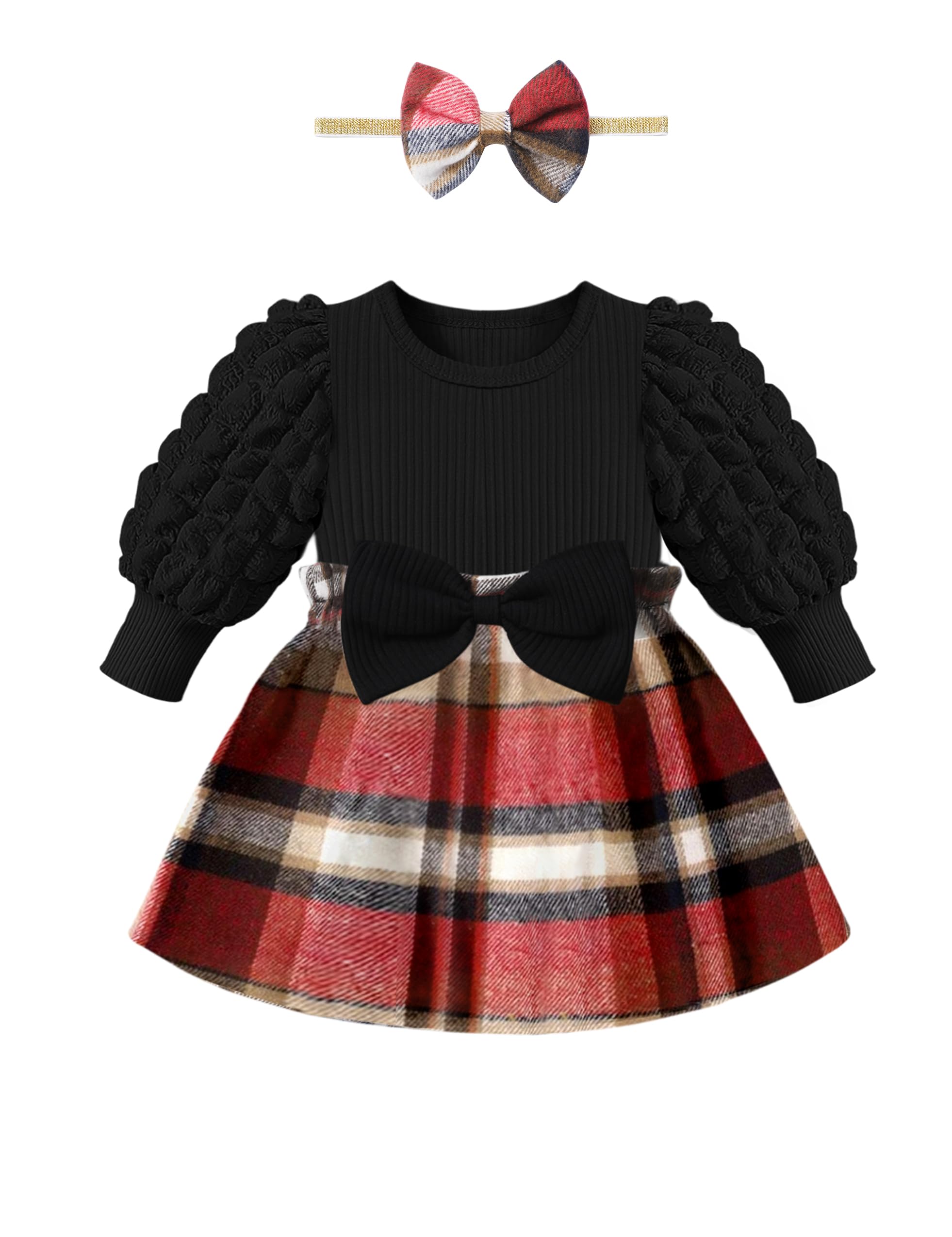Qaoerde Baby Girl Dresses 12-18 Months Baby Girl Dress Puff Sleeve Red Plaid Dress Ribbed Baby Girls' Dresses Baby Dresses 12-18 Months Baby Girl Fall Dress Baby Girl Winter Dress Christmas Outfit