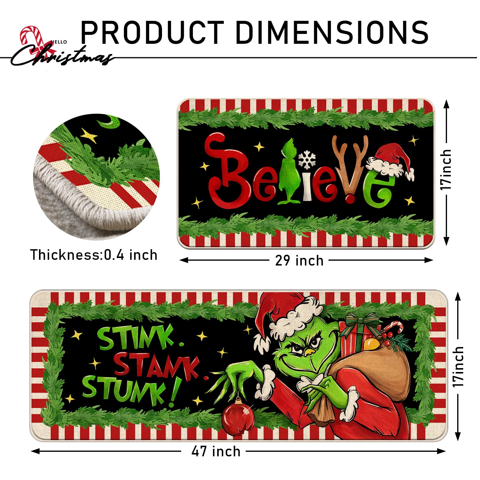 Tailus Christmas Believe Kitchen Rugs Set of 2, Xmas Gifts Stink Stank Stunk Green Kitchen Mats Decor, Red White Stripes Holiday Door Mat Home Decorations - 17x29 and 17x47 Inch