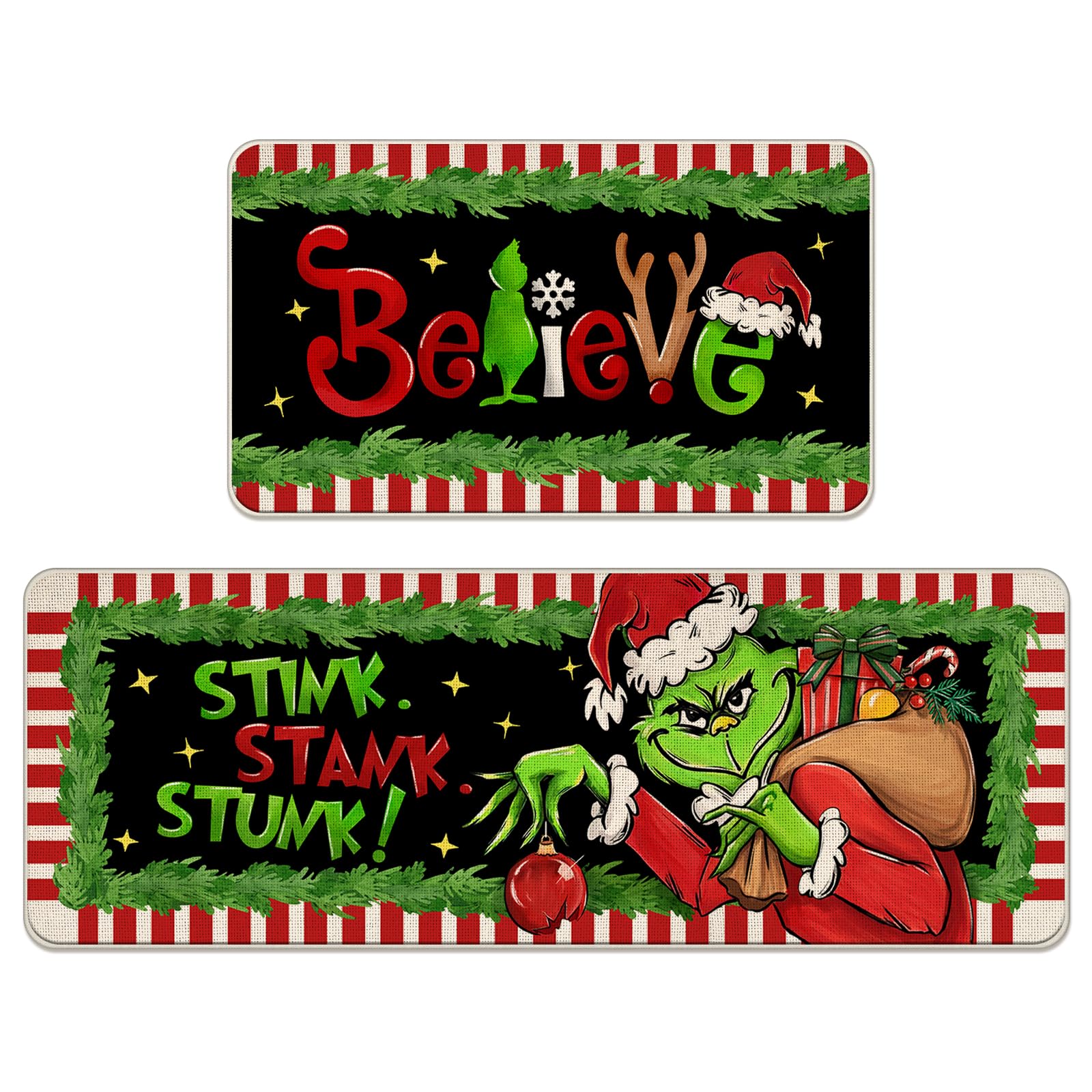 Tailus Christmas Believe Kitchen Rugs Set of 2, Xmas Gifts Stink Stank Stunk Green Kitchen Mats Decor, Red White Stripes Holiday Door Mat Home Decorations - 17x29 and 17x47 Inch