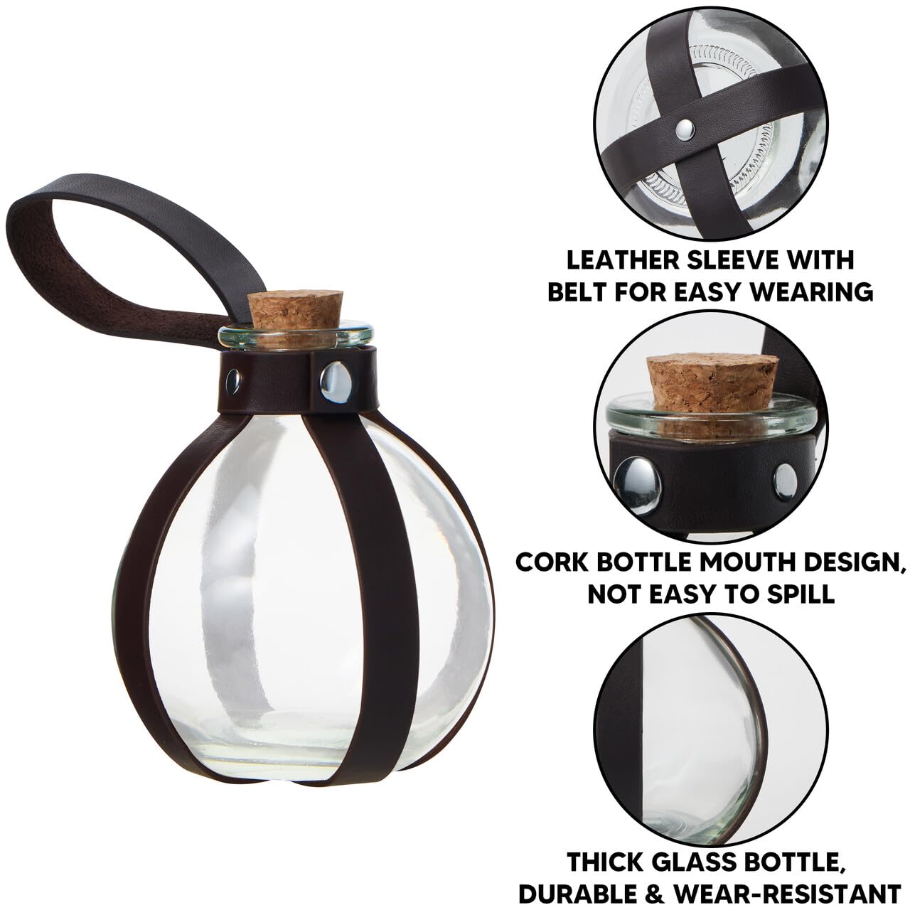 Spooktacular Creations Potion Bottles with Cork, Magic Round Glass Bottles prop with Cork Stopper and Faux Leather holster Loop Accessories for Halloween Mystic Sorcery Witch Costumes Party