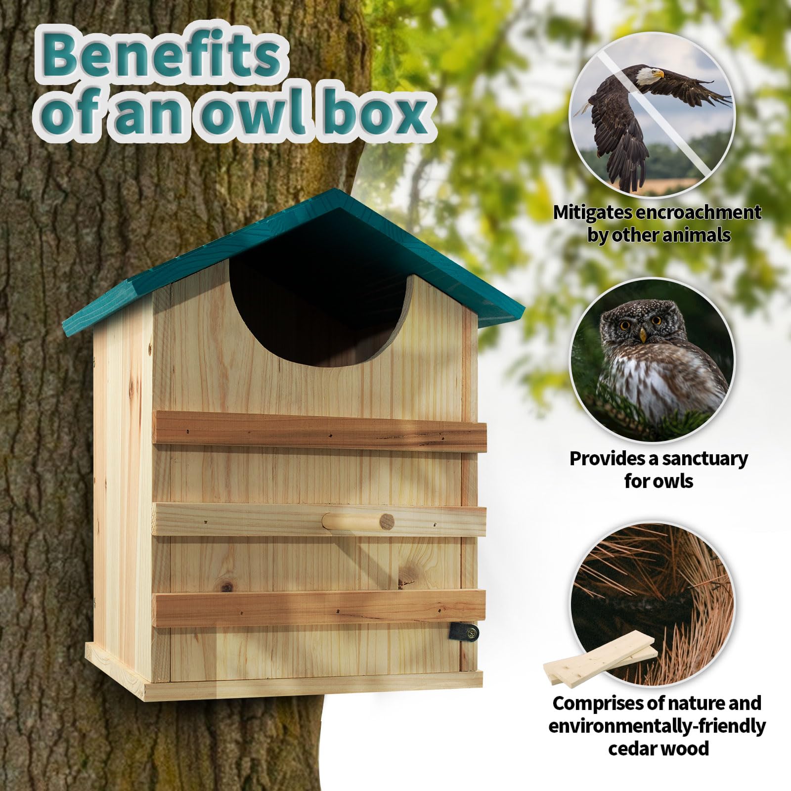 MLOHASING Cedar Wood Screech Owl House - Handcrafted 14x10 Inch Rustic Birdhouse with Perch Stand & Mounting Kit, Outdoor Wildlife Habitat Shelter for Garden, Yard, Avian Nesting Box