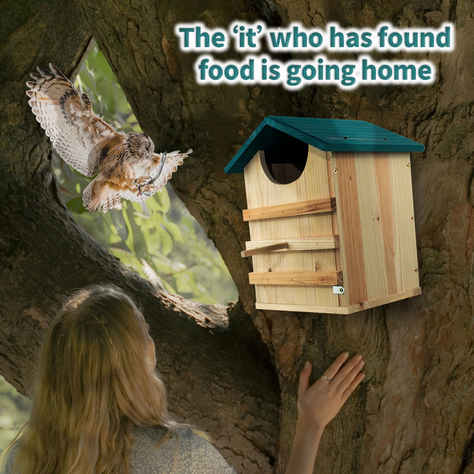 MLOHASING Cedar Wood Screech Owl House - Handcrafted 14x10 Inch Rustic Birdhouse with Perch Stand & Mounting Kit, Outdoor Wildlife Habitat Shelter for Garden, Yard, Avian Nesting Box