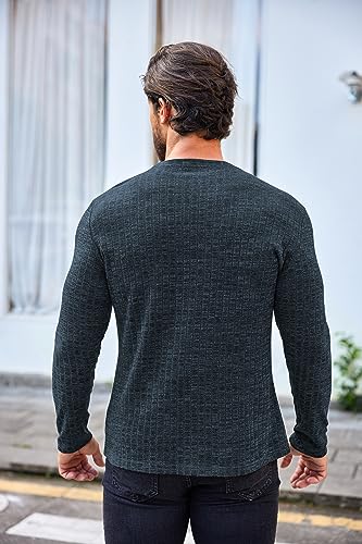 COOFANDY Mens Fitted Long Sleeve Shirt Knit Crew Neck Hispter Fashion Workout T Shirt Navy Blue