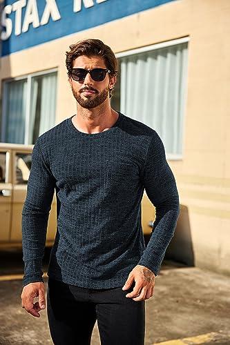 COOFANDY Mens Fitted Long Sleeve Shirt Knit Crew Neck Hispter Fashion Workout T Shirt Navy Blue