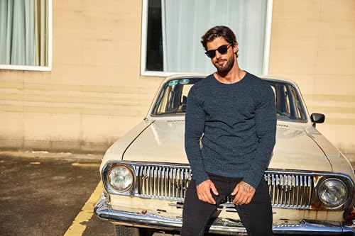 COOFANDY Mens Fitted Long Sleeve Shirt Knit Crew Neck Hispter Fashion Workout T Shirt Navy Blue