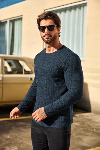 COOFANDY Mens Fitted Long Sleeve Shirt Knit Crew Neck Hispter Fashion Workout T Shirt Navy Blue