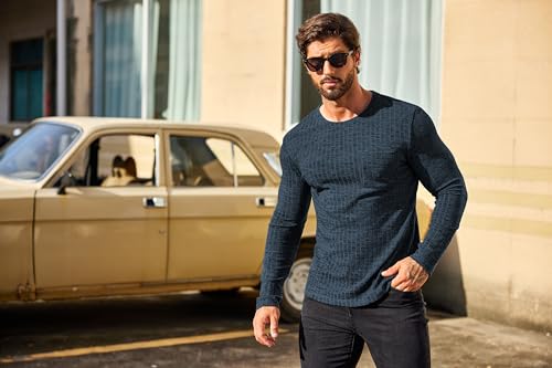 COOFANDY Mens Fitted Long Sleeve Shirt Knit Crew Neck Hispter Fashion Workout T Shirt Navy Blue