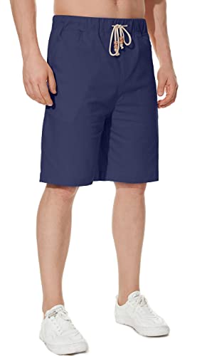 HORSSLE Men's Linen Shorts Casual Elastic Waist Drawstring Summer Beach Shorts Classic Fit Navy Blue