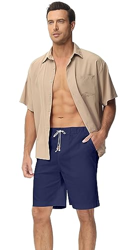 HORSSLE Men's Linen Shorts Casual Elastic Waist Drawstring Summer Beach Shorts Classic Fit Navy Blue