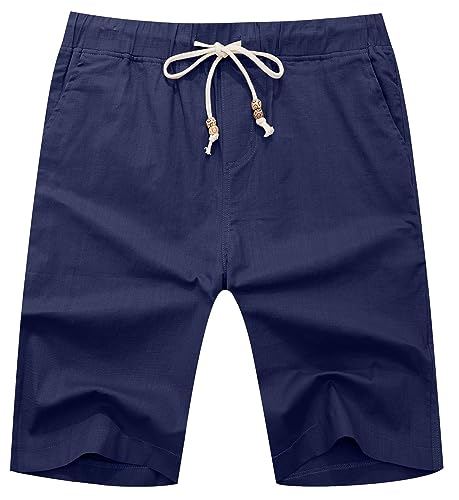 HORSSLE Men's Linen Shorts Casual Elastic Waist Drawstring Summer Beach Shorts Classic Fit Navy Blue