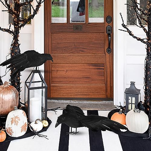 yumhum 2 Packs Large Real Feathered Halloween Black Crows, Lifelike Halloween Crows with Real Feathers Big Raven Birds for Yard Indoor Outdoor Décor