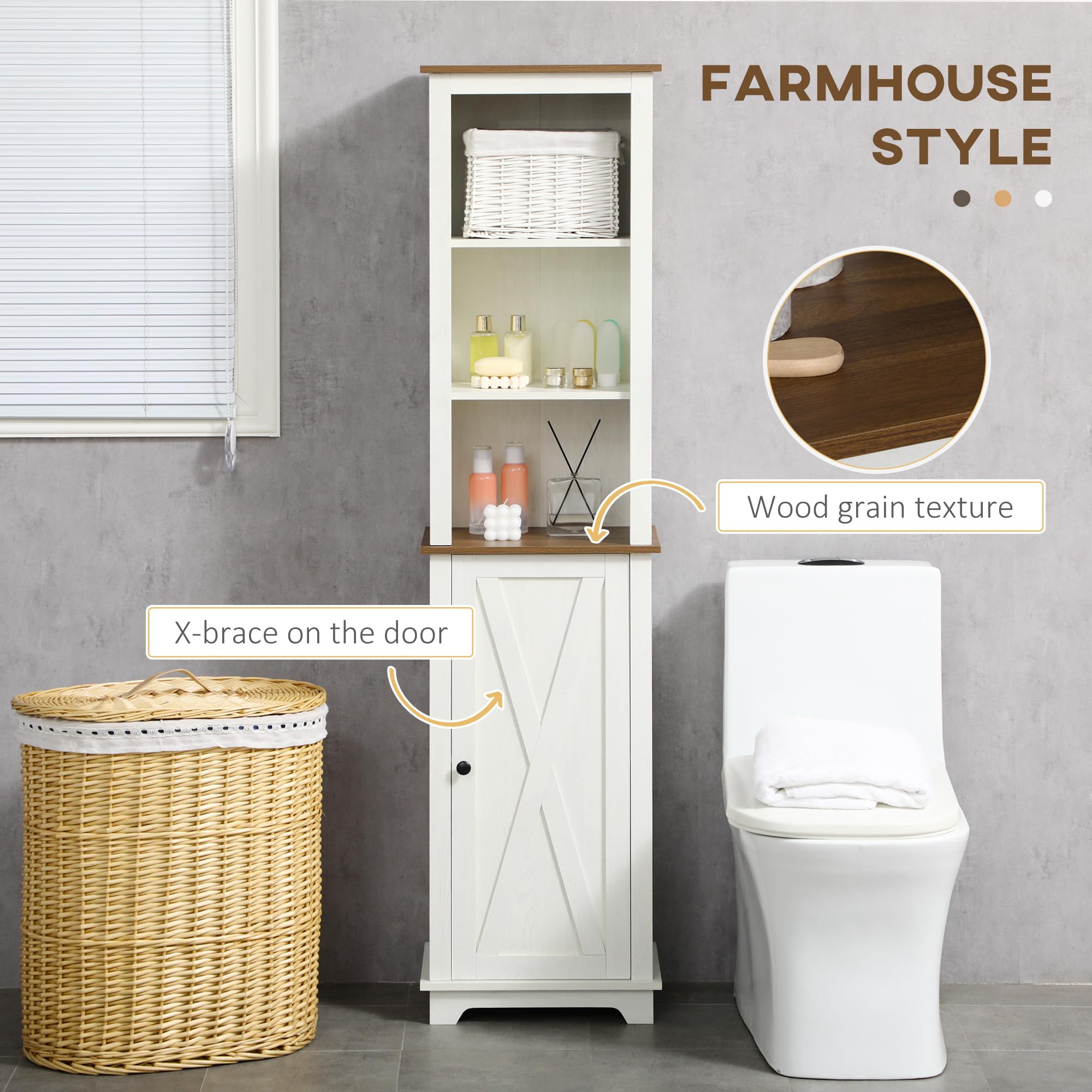 kleankin Slim Bathroom Storage Cabinet with Triple Open Shelves & Cupboard, Wooden Freestanding Linen Tower Tall Skinny Bathroom Storage Cabinet with Door and Shelf Adjustability, White
