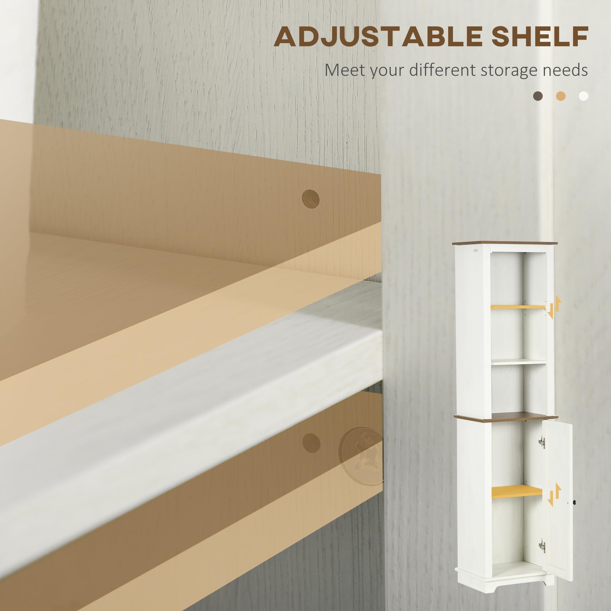 kleankin Slim Bathroom Storage Cabinet with Triple Open Shelves & Cupboard, Wooden Freestanding Linen Tower Tall Skinny Bathroom Storage Cabinet with Door and Shelf Adjustability, White