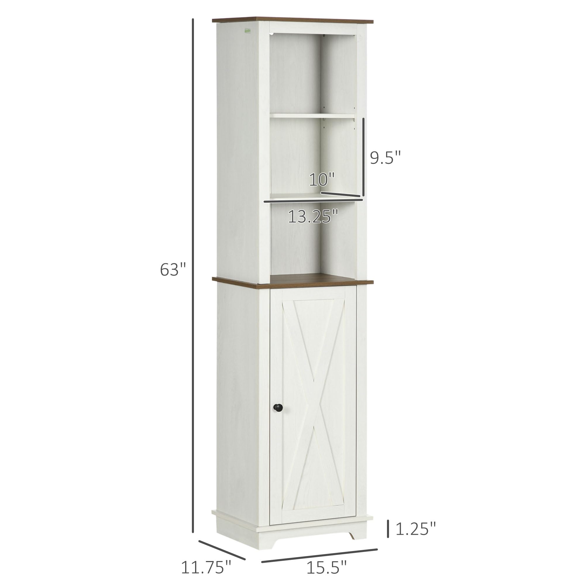 kleankin Slim Bathroom Storage Cabinet with Triple Open Shelves & Cupboard, Wooden Freestanding Linen Tower Tall Skinny Bathroom Storage Cabinet with Door and Shelf Adjustability, White