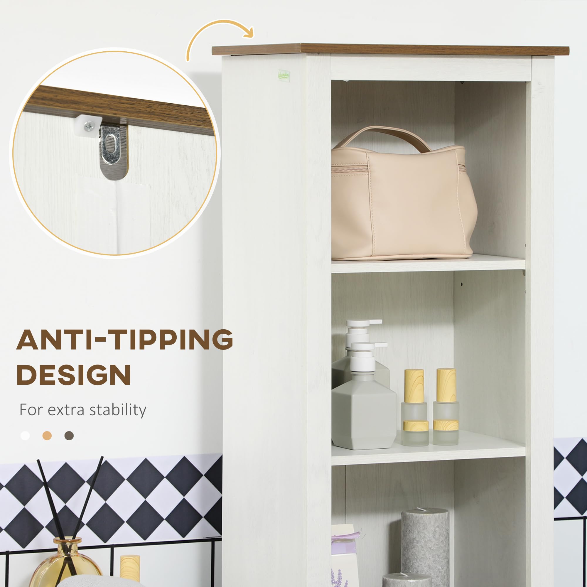 kleankin Slim Bathroom Storage Cabinet with Triple Open Shelves & Cupboard, Wooden Freestanding Linen Tower Tall Skinny Bathroom Storage Cabinet with Door and Shelf Adjustability, White