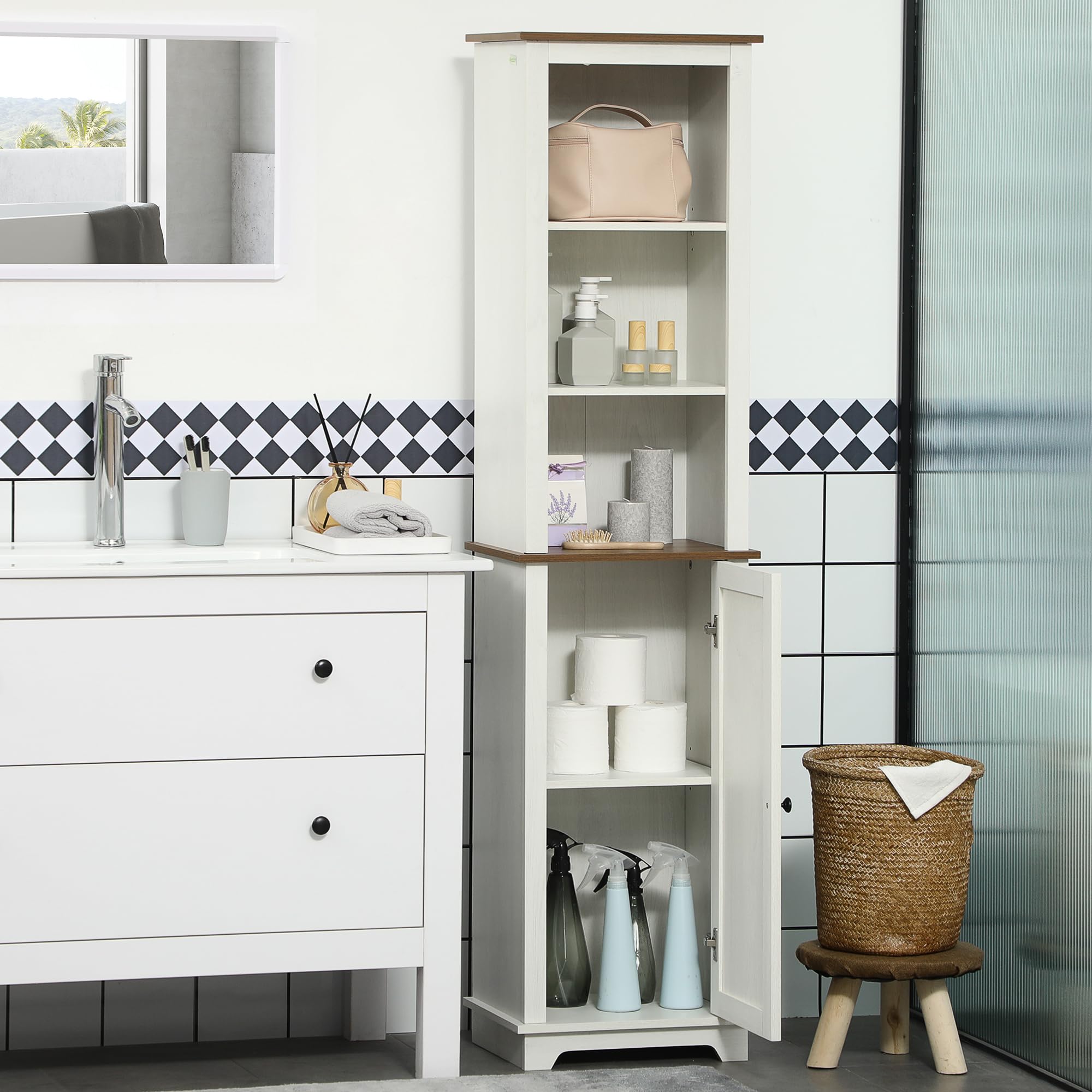 kleankin Slim Bathroom Storage Cabinet with Triple Open Shelves & Cupboard, Wooden Freestanding Linen Tower Tall Skinny Bathroom Storage Cabinet with Door and Shelf Adjustability, White