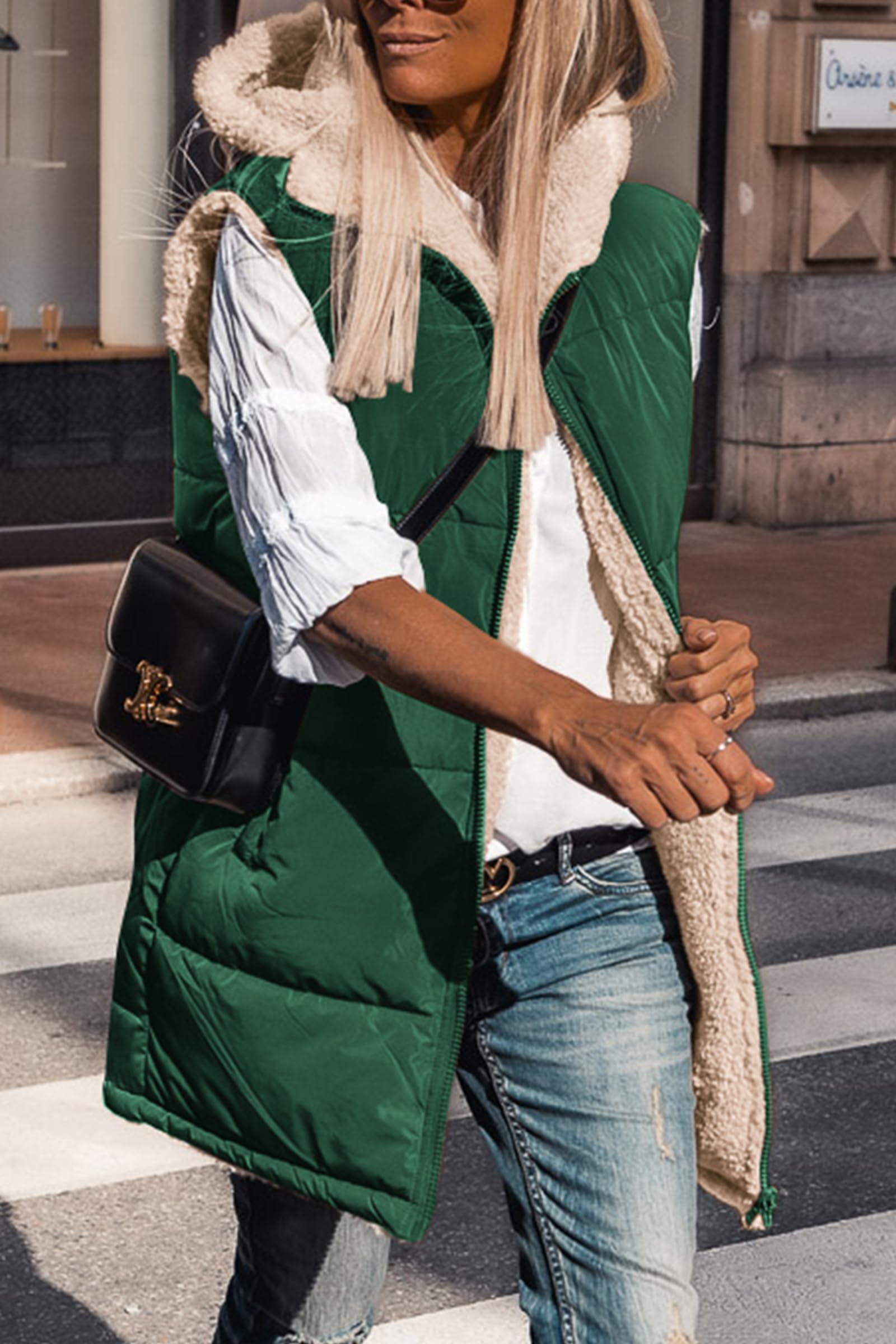 PRETTYGARDEN Womens 2025 Fall Reversible Vests Sleeveless Fleece Jacket Zip Up Hoodie Pockets Long Warm Winter Coat Outerwear (Dark Green,Large)