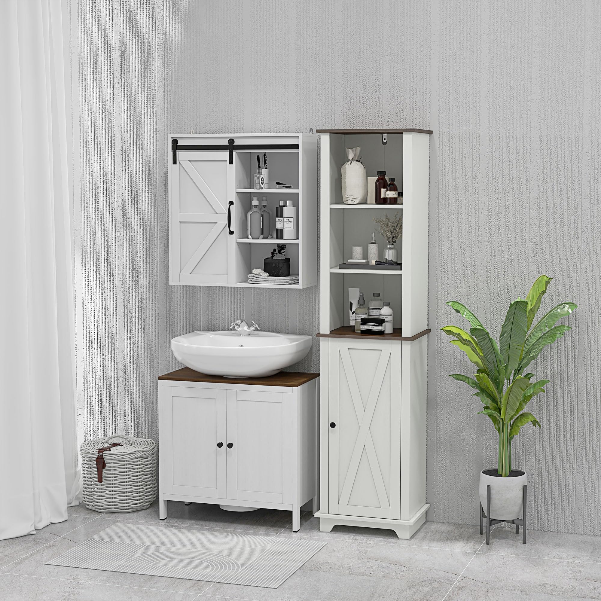 kleankin Slim Bathroom Storage Cabinet with Triple Open Shelves & Cupboard, Wooden Freestanding Linen Tower Tall Skinny Bathroom Storage Cabinet with Door and Shelf Adjustability, White