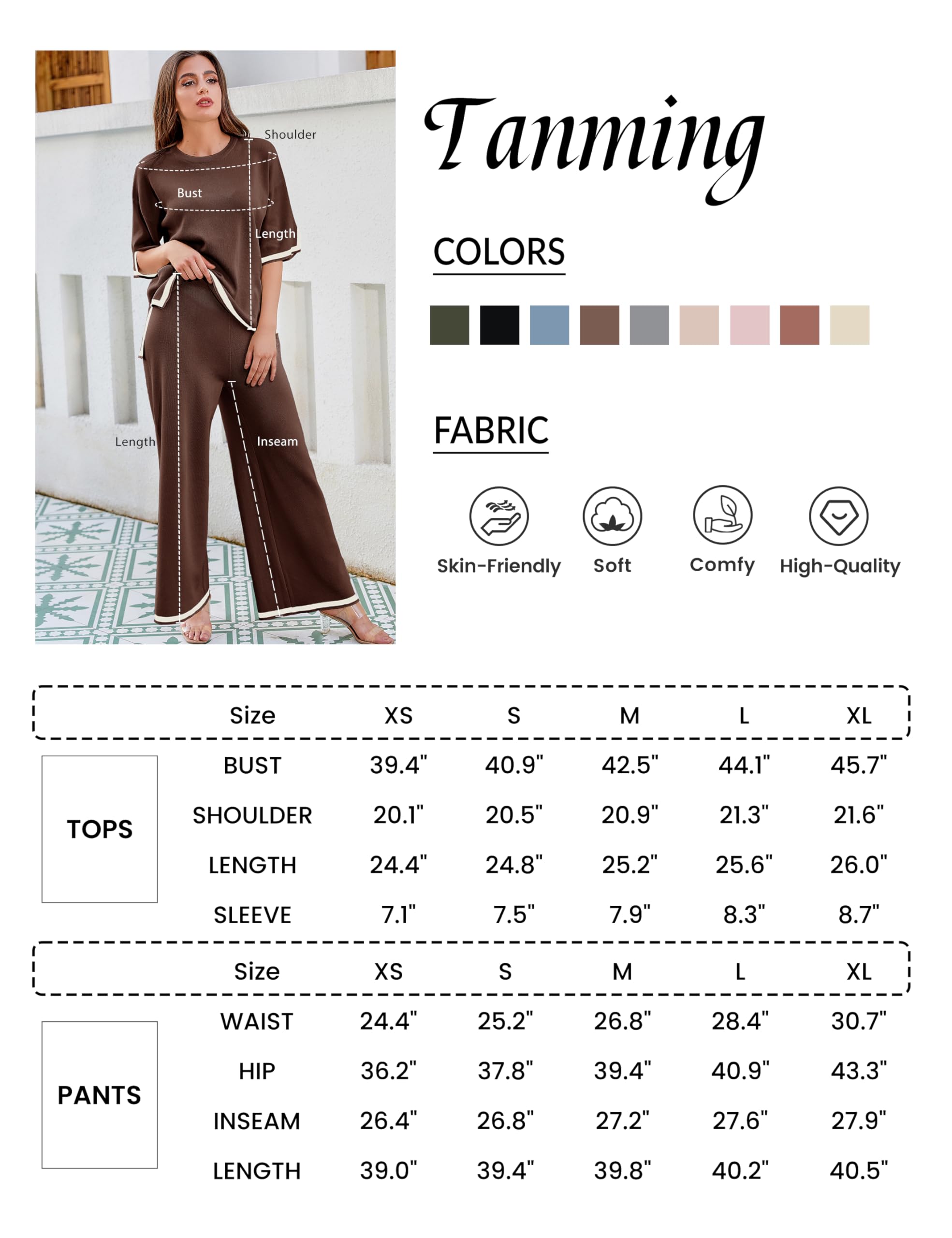 Tanming Sweater Sets Women 2 Piece Lounge Sets Short Sleeve Knit Pullover Tops Wide Leg Pants (Brown-M)