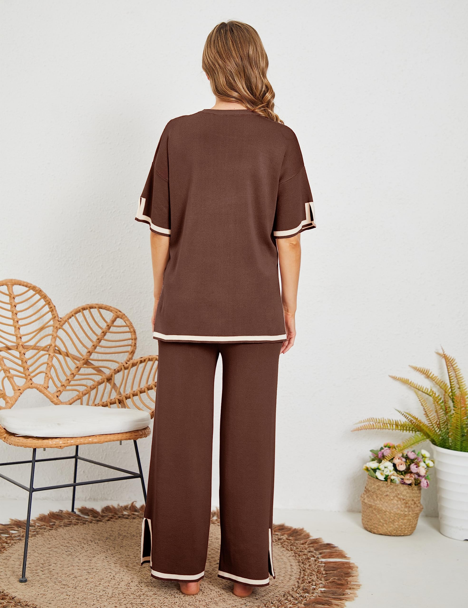 Tanming Sweater Sets Women 2 Piece Lounge Sets Short Sleeve Knit Pullover Tops Wide Leg Pants (Brown-M)