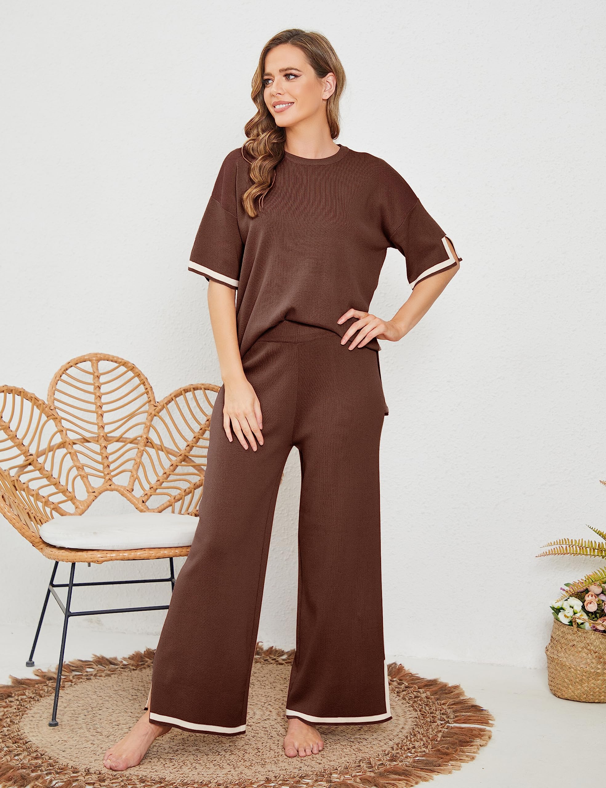 Tanming Sweater Sets Women 2 Piece Lounge Sets Short Sleeve Knit Pullover Tops Wide Leg Pants (Brown-M)