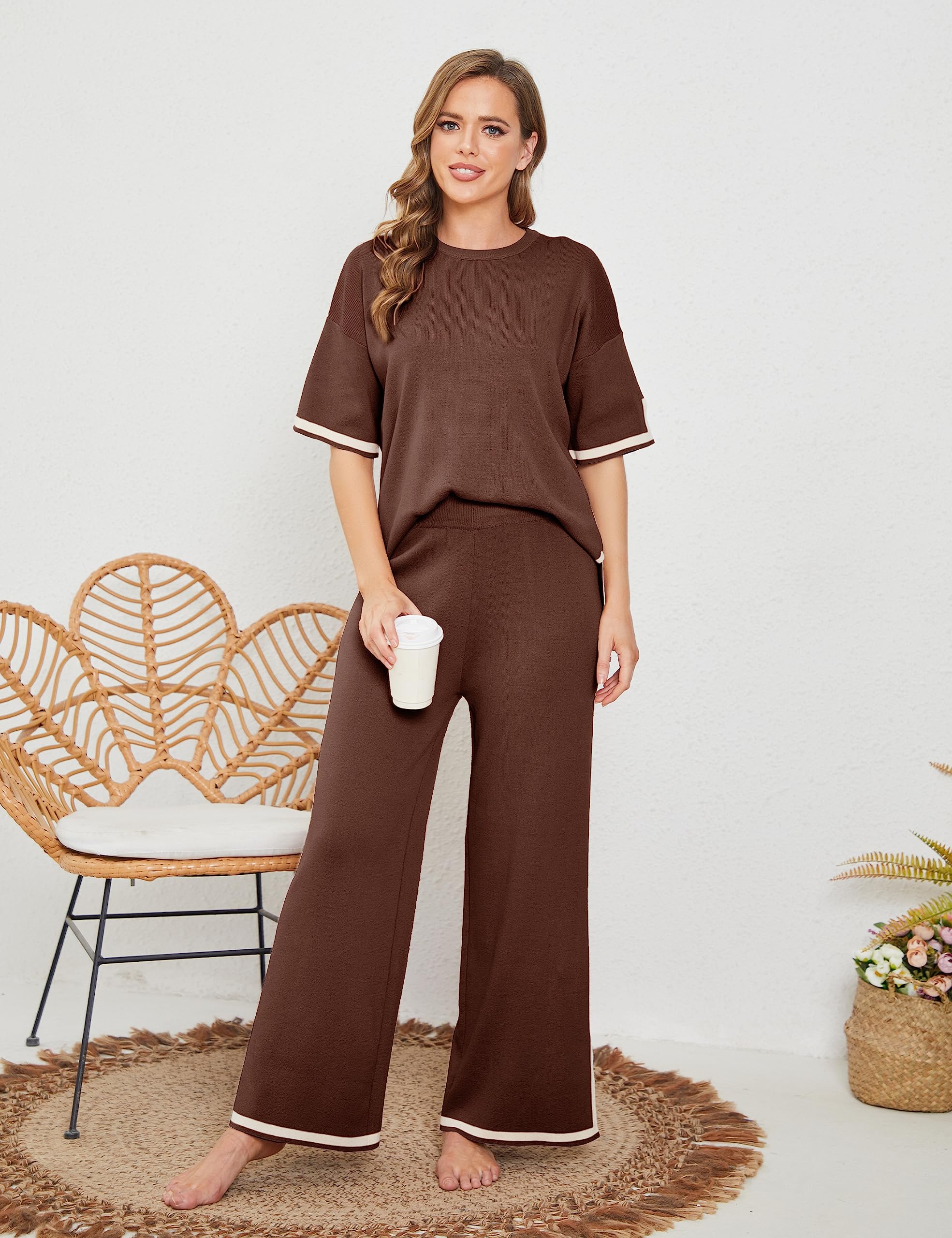 Tanming Sweater Sets Women 2 Piece Lounge Sets Short Sleeve Knit Pullover Tops Wide Leg Pants (Brown-M)