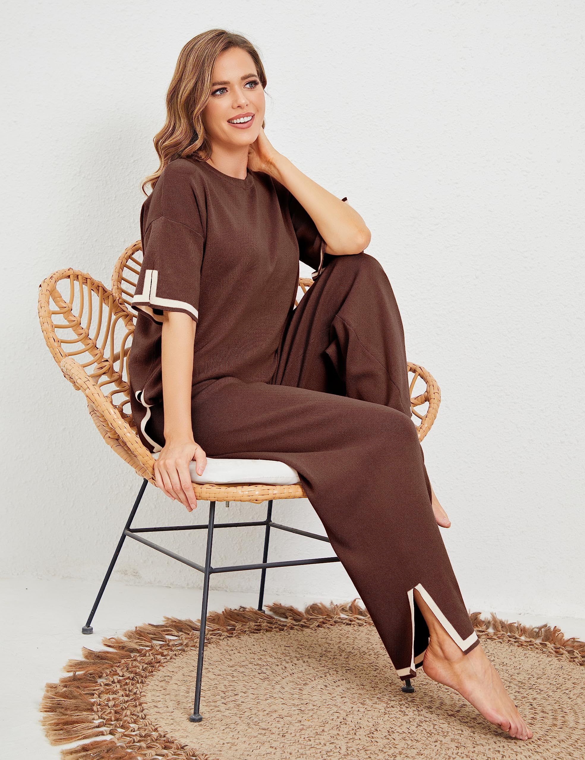 Tanming Sweater Sets Women 2 Piece Lounge Sets Short Sleeve Knit Pullover Tops Wide Leg Pants (Brown-M)