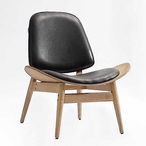 XINNAN Mid Century Modern Shell Lounge Chair, Faux Leather, Scandinavian Furniture Tripod Plywood Classic Design Solid Wood Accent Chairs for Living Room, Reading, Lounge, Office, Salon (Black)