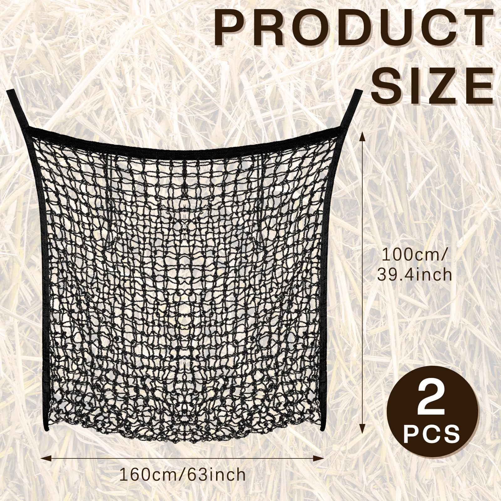 Fabbay 2 Pcs Slow Feed Hay Net Hay Feeder Bags for Horses Goat Stall Trailer Horse Feeding Supplies(63 x 40 Inch,Black)