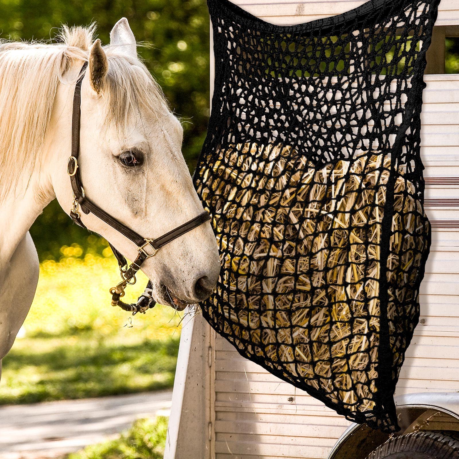 Fabbay 2 Pcs Slow Feed Hay Net Hay Feeder Bags for Horses Goat Stall Trailer Horse Feeding Supplies(63 x 40 Inch,Black)