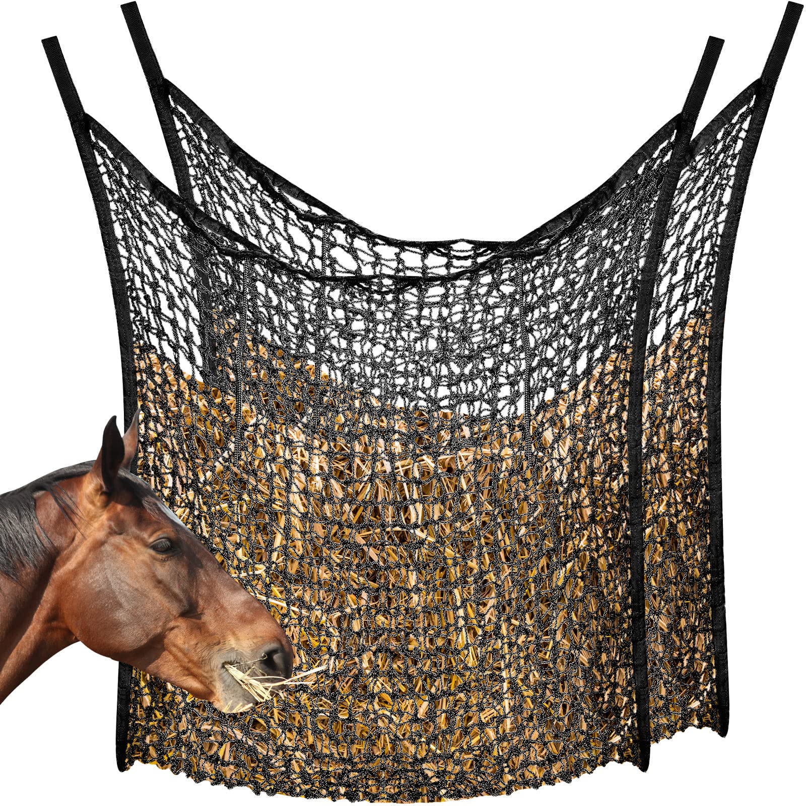 Fabbay 2 Pcs Slow Feed Hay Net Hay Feeder Bags for Horses Goat Stall Trailer Horse Feeding Supplies(63 x 40 Inch,Black)