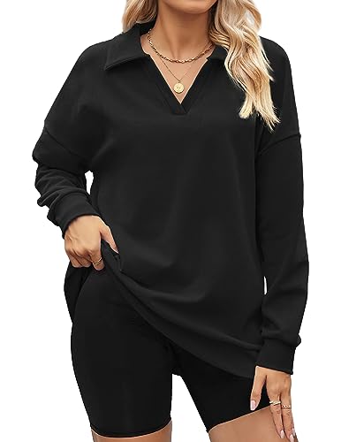 Dofaoo Long Sleeve Tops For Women V Neck Pullover Sweatshirts V Neck Tunic Tops Black M
