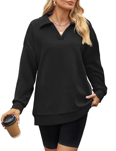 Dofaoo Long Sleeve Tops For Women V Neck Pullover Sweatshirts V Neck Tunic Tops Black M