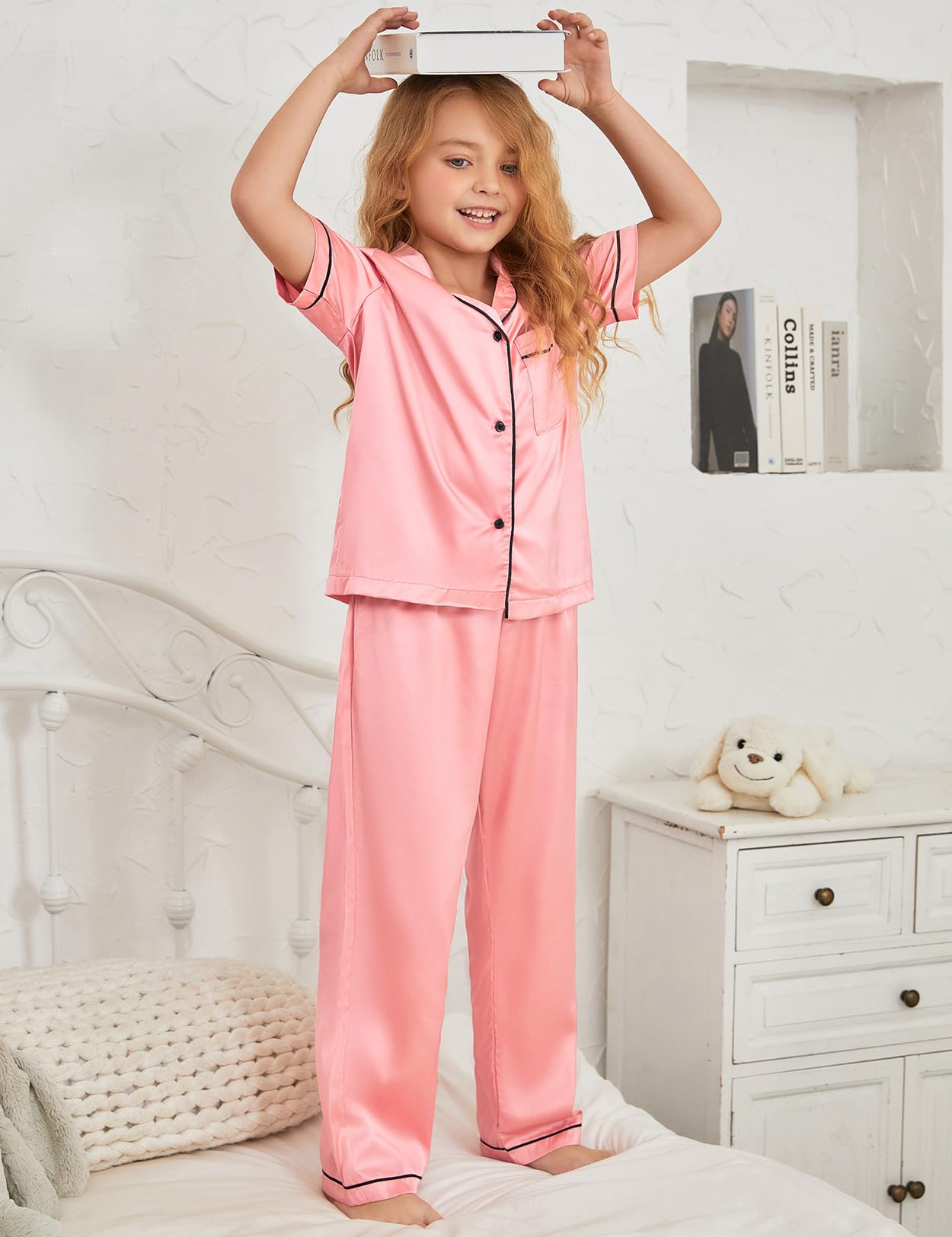 Jxstar Button Up Satin Pajamas for Girls Boys Silk Pjs Sets Kids Champagne Short Sleeve Sleepwear,4t 5t