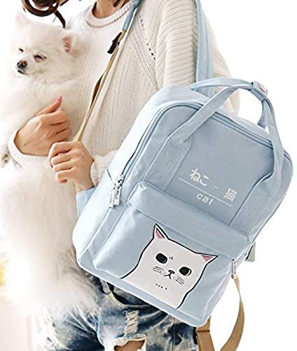 e-youth Women Girls Kawaii Cat School Backpack with Lunch Box Japanese And Korean Style Canvas Bags (Blue), One Size