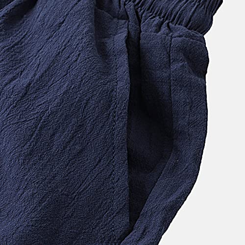 Linen Shorts Men's Classic-Fit Drawstring Elastic Waist Pleat Front Shorts with Pocket, 5/7 Inch Inseam, Navy XL