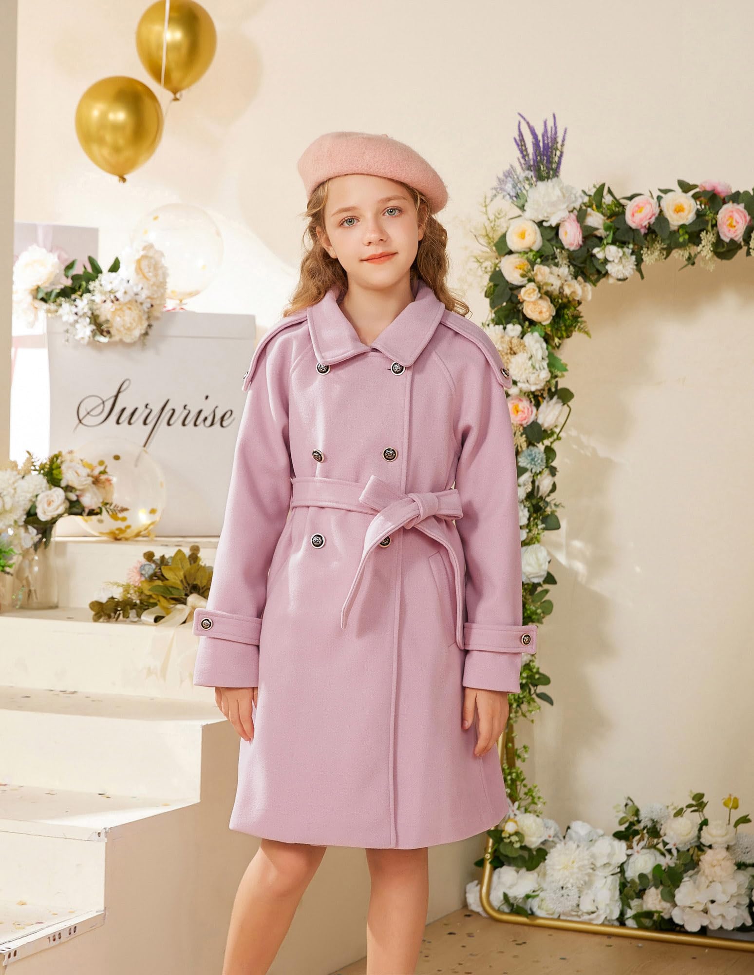 GRACE KARIN Kid Dress Coat Lapel Long Winter Pink Coats for Girls Size 8-10 Pockets Belt