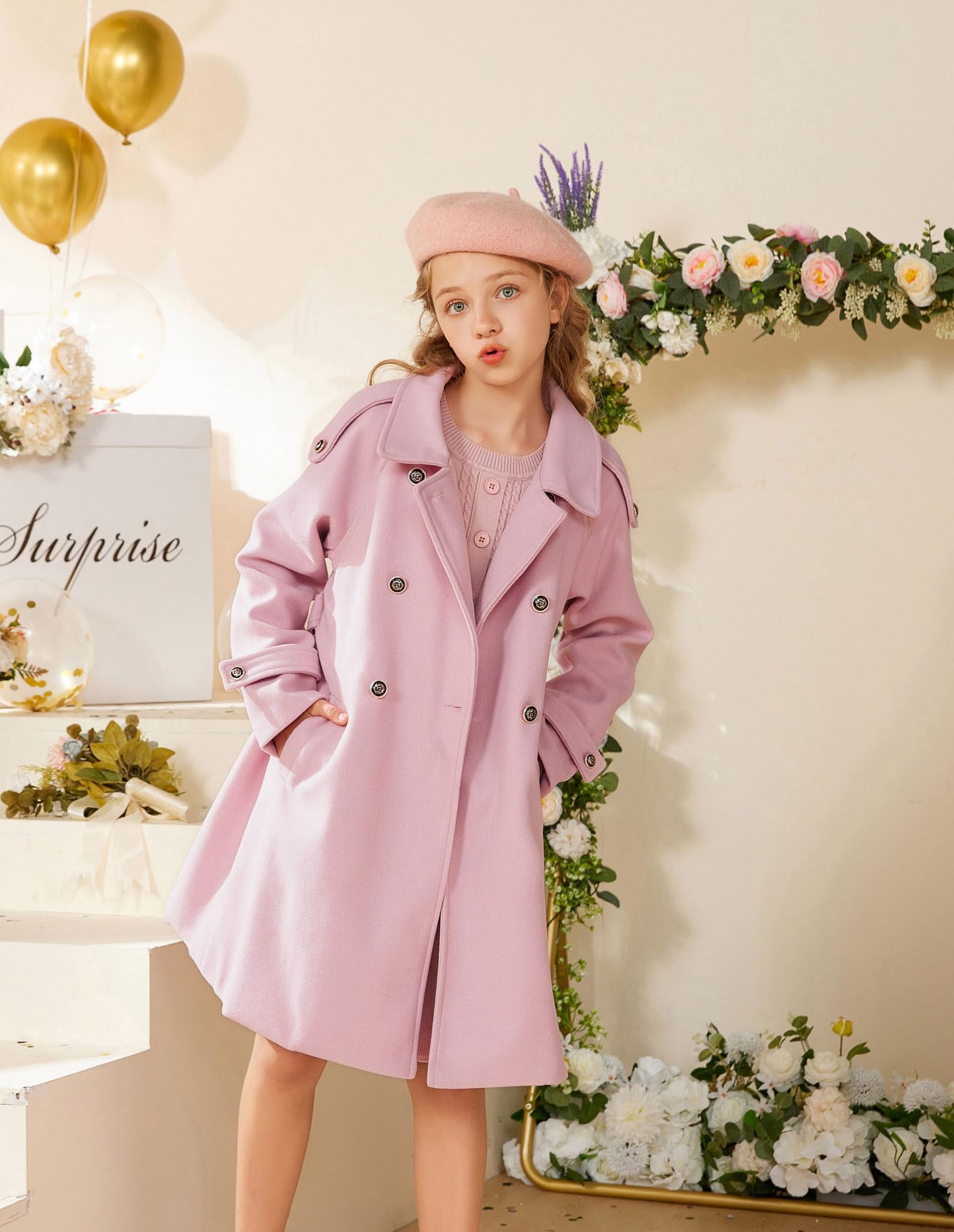 GRACE KARIN Kid Dress Coat Lapel Long Winter Pink Coats for Girls Size 8-10 Pockets Belt