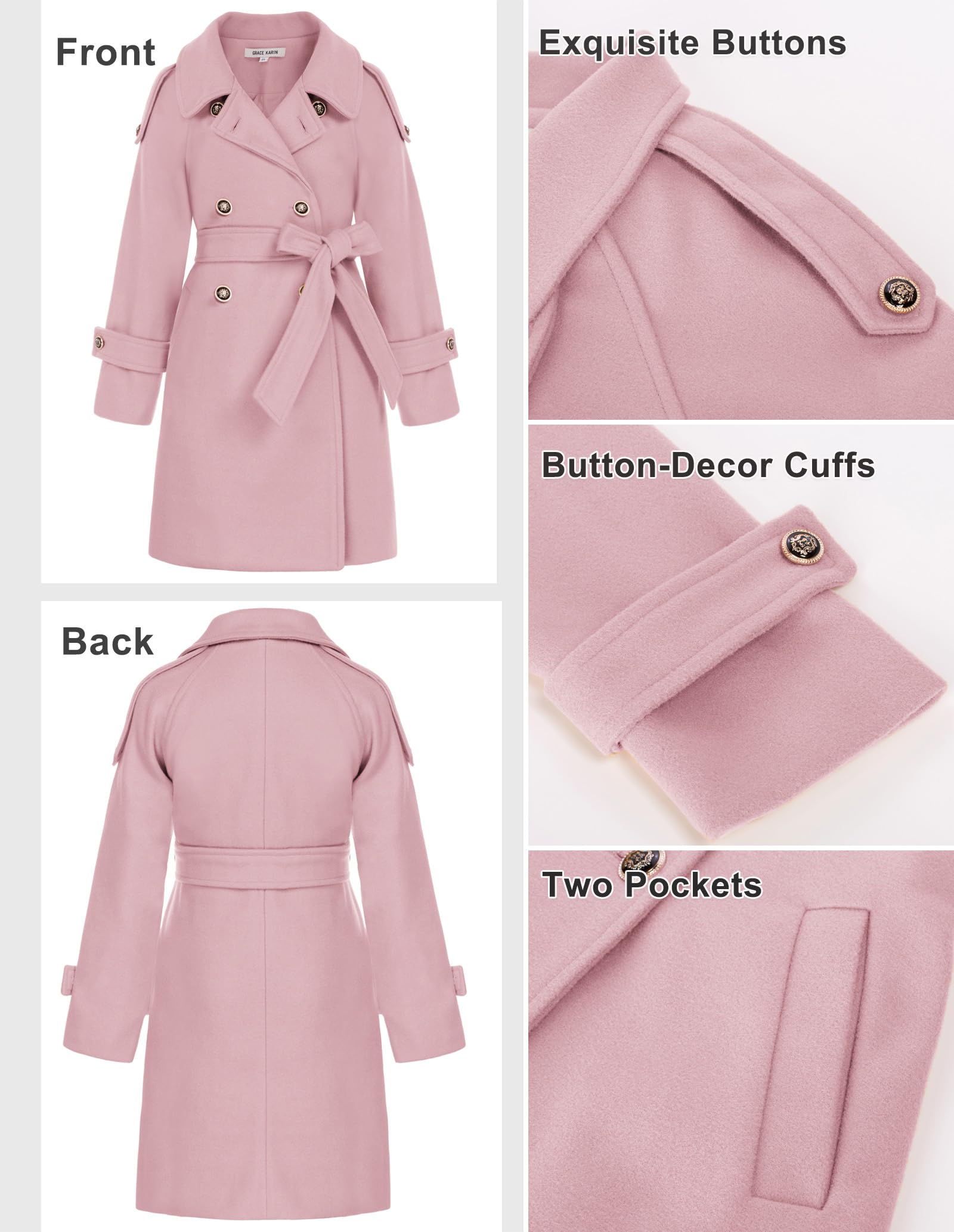 GRACE KARIN Kid Dress Coat Lapel Long Winter Pink Coats for Girls Size 8-10 Pockets Belt