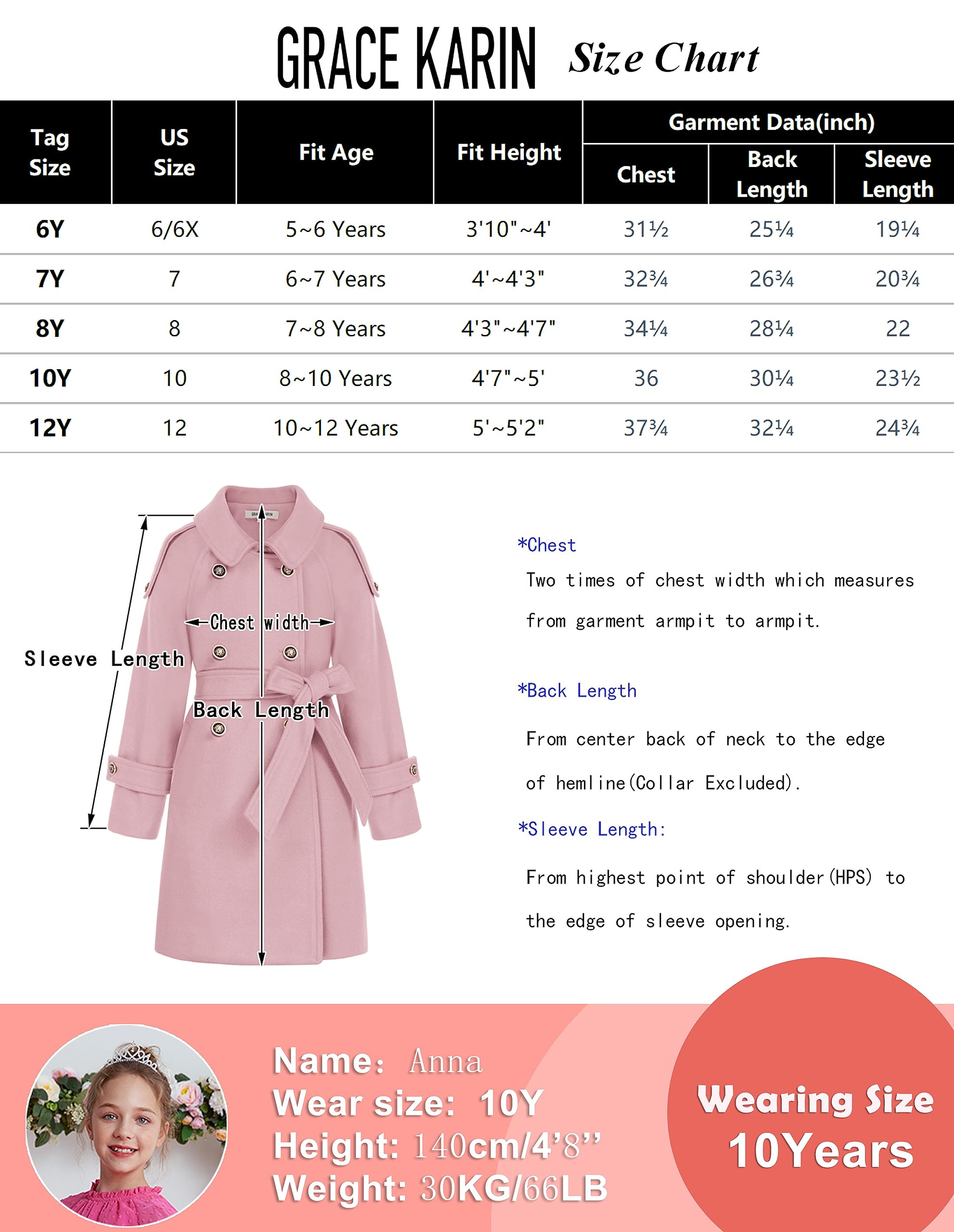 GRACE KARIN Kid Dress Coat Lapel Long Winter Pink Coats for Girls Size 8-10 Pockets Belt