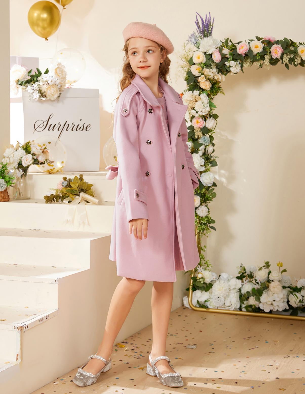 GRACE KARIN Kid Dress Coat Lapel Long Winter Pink Coats for Girls Size 8-10 Pockets Belt