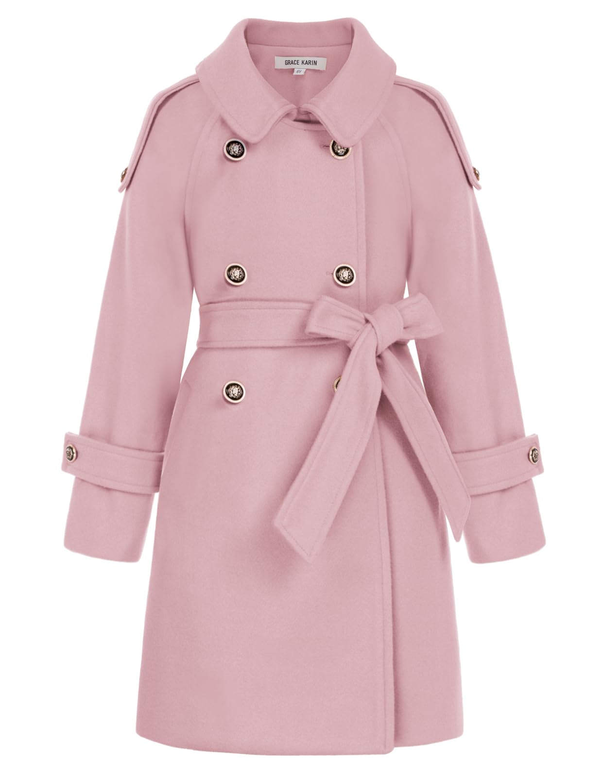GRACE KARIN Kid Dress Coat Lapel Long Winter Pink Coats for Girls Size 8-10 Pockets Belt