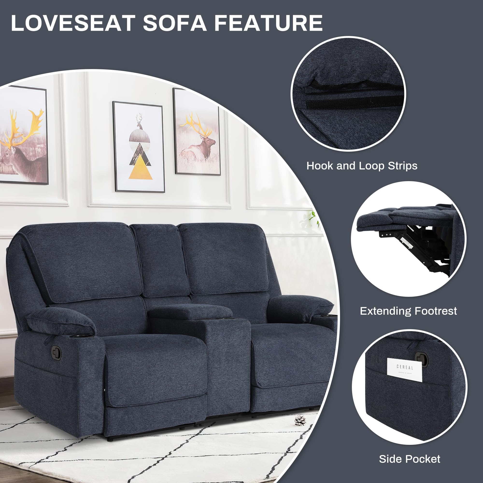 KIGOTY Loveseat Recliner Sofa,2 Seat Reclining Loveseat,Manual Recliner Sofa,Home Theater Seating with Storage Console,RV Love Seat Couch Chair with 4 Cup Holders,Navy Blue