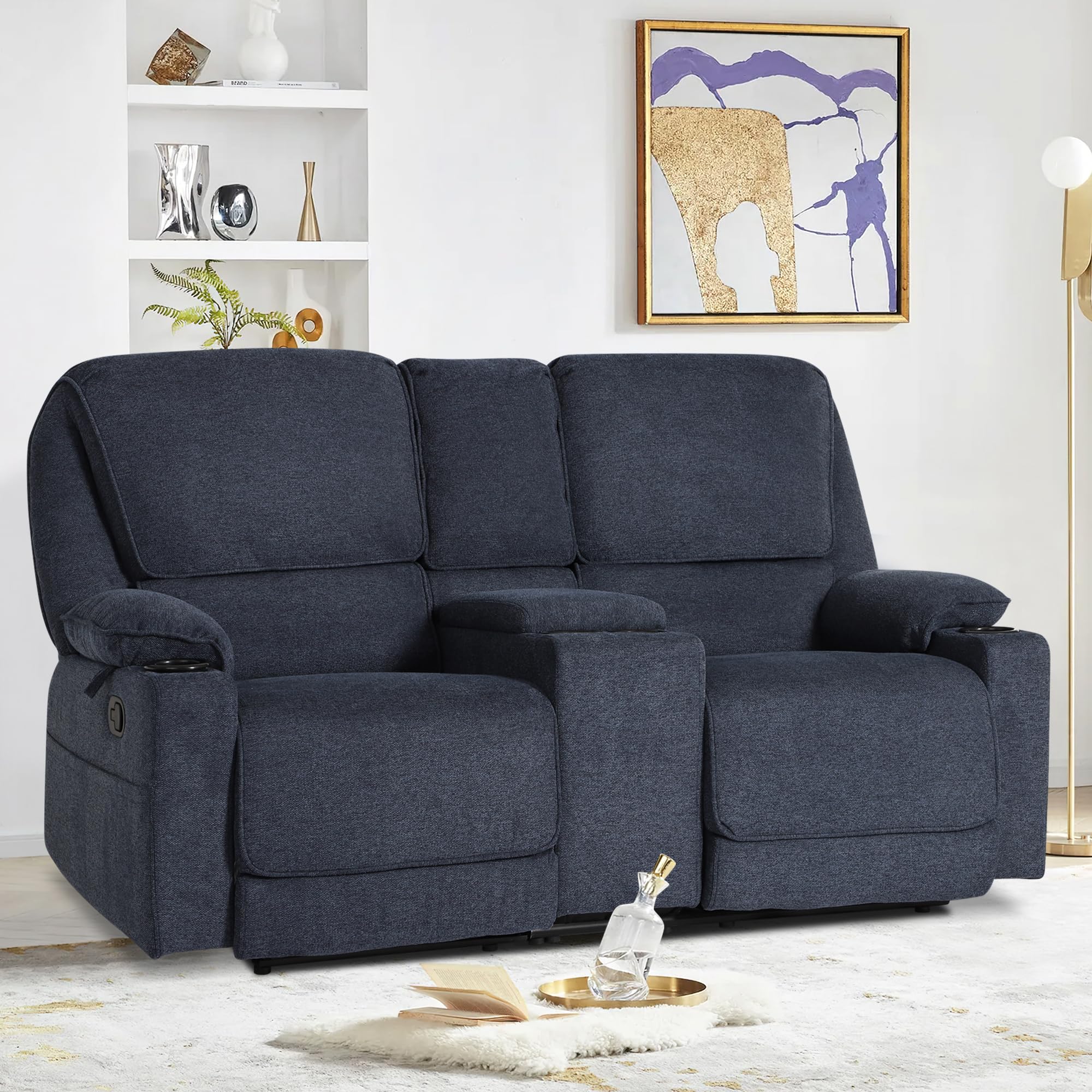 KIGOTY Loveseat Recliner Sofa,2 Seat Reclining Loveseat,Manual Recliner Sofa,Home Theater Seating with Storage Console,RV Love Seat Couch Chair with 4 Cup Holders,Navy Blue