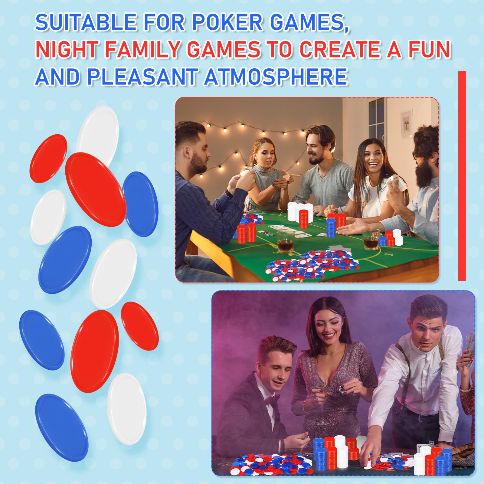Wettarn 1200 Pcs Plastic Poker Chips 1.45 Inch Game Chips 3 Colors Poker Chip Set Bingo Chips Blank Counting Chips or Adults Kids Poker Game Counters Learning Math Counting Play, Red, Blue, White
