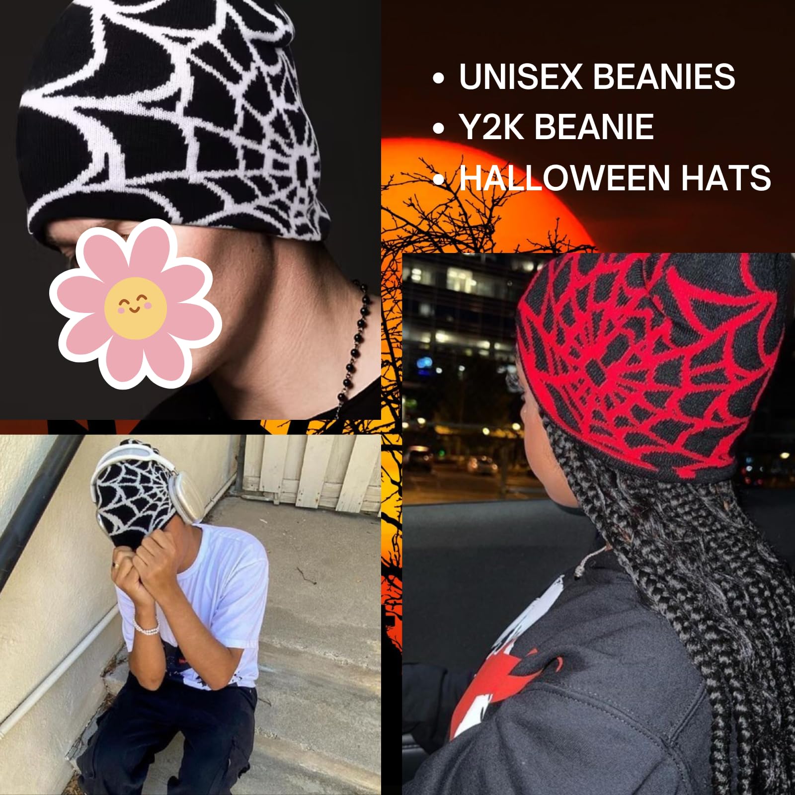 CORIRESHA Women Men y2k Beanie Spider Web Knit Hats Warm Soft Goth Winter Caps White Blue