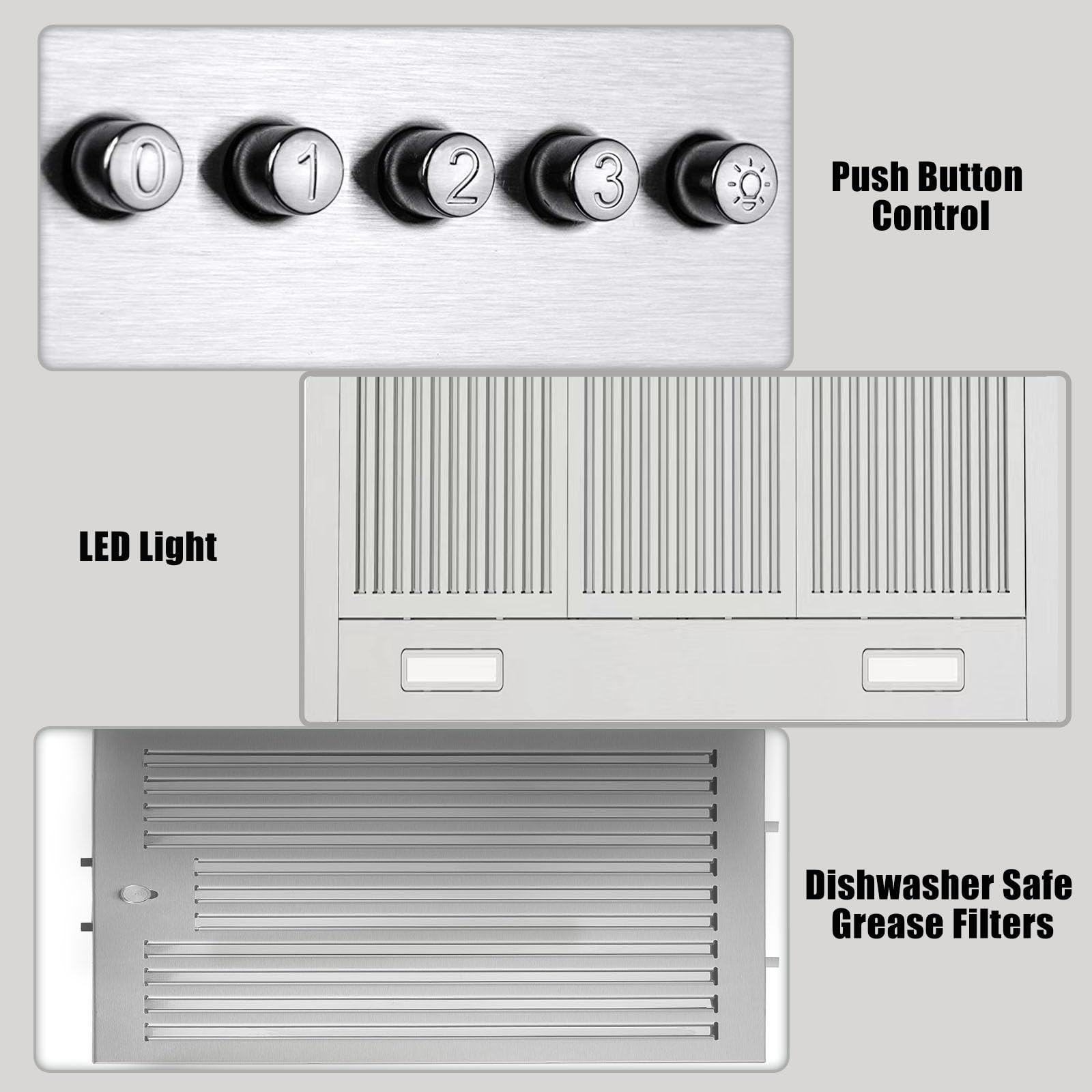 Zomagas 36 inch Range Hood, Wall Mounted Vent Hood in Stainless Steel, Ducted/Ductless Kitchen Hood w/Push Button Control, 3 Speed Exhaust Fan, 3 Pcs Baffle Filters, Energy Saving LED Light