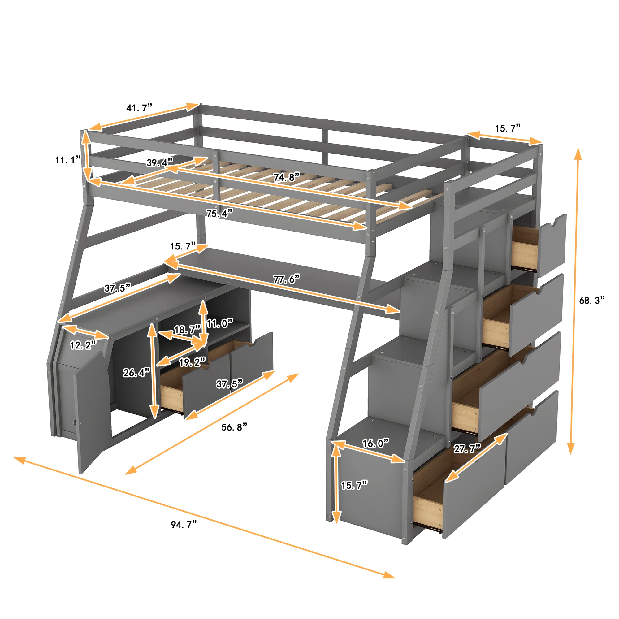 Merax Loft Bed Twin Size, Wooden Frame with Desk and Storage, Space-Saving Design with Convenient Multi-Drawers & Cabinet, for Teens Adults (Grey)