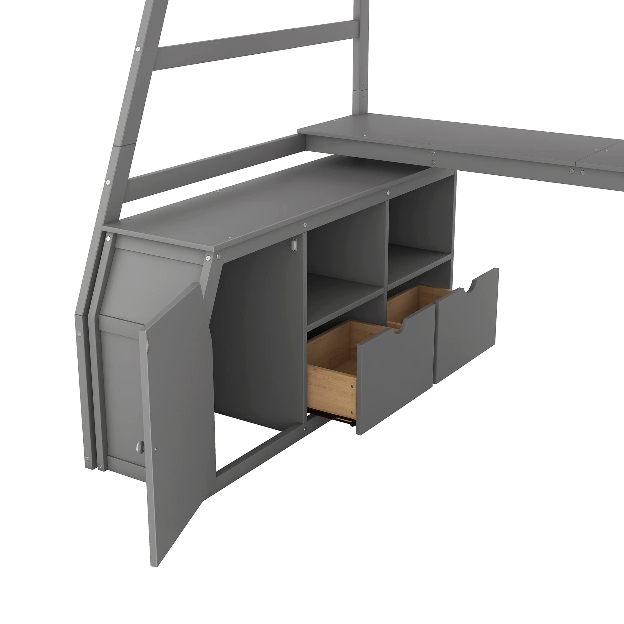 Merax Loft Bed Twin Size, Wooden Frame with Desk and Storage, Space-Saving Design with Convenient Multi-Drawers & Cabinet, for Teens Adults (Grey)