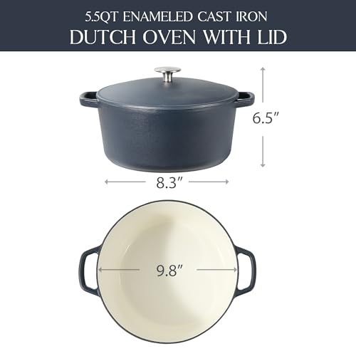 CAROTE 5.5Qt Enamel Cast Iron Dutch Oven Pot With Lid, Oven Safe Up to 500°F, with Large Handle Metal Knob, Cast Iron Pot for Sourdough Bread Stew Roast Braise, Easy Cleaning, Blue